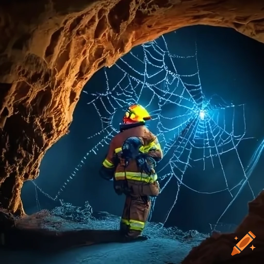 Firefighter exploring spiderweb-filled cave on Craiyon