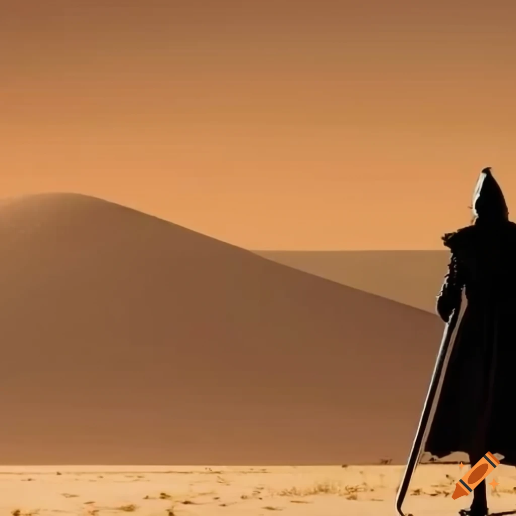 Caped knight walking in the desert under a wide shot silhouette on Craiyon