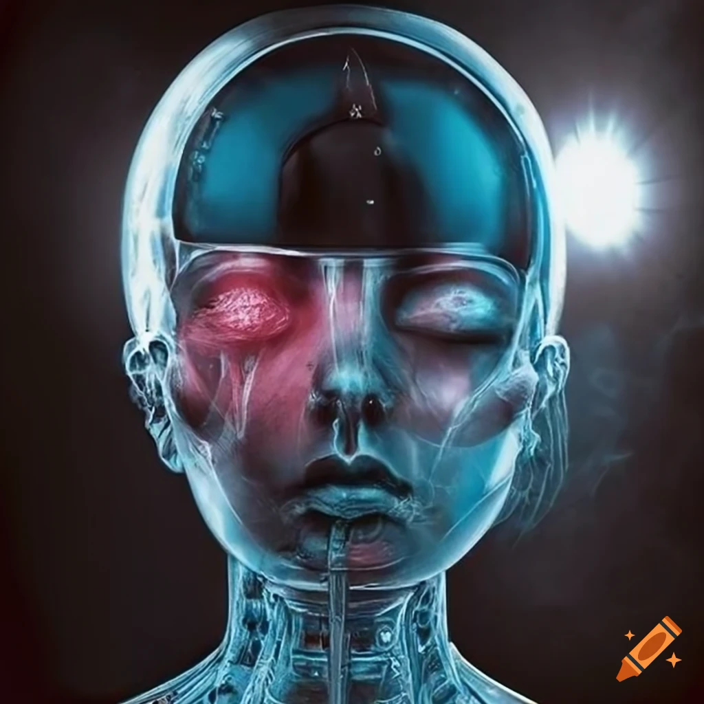 Futuristic chrome abstract creature x-ray with woman in astronaut ...