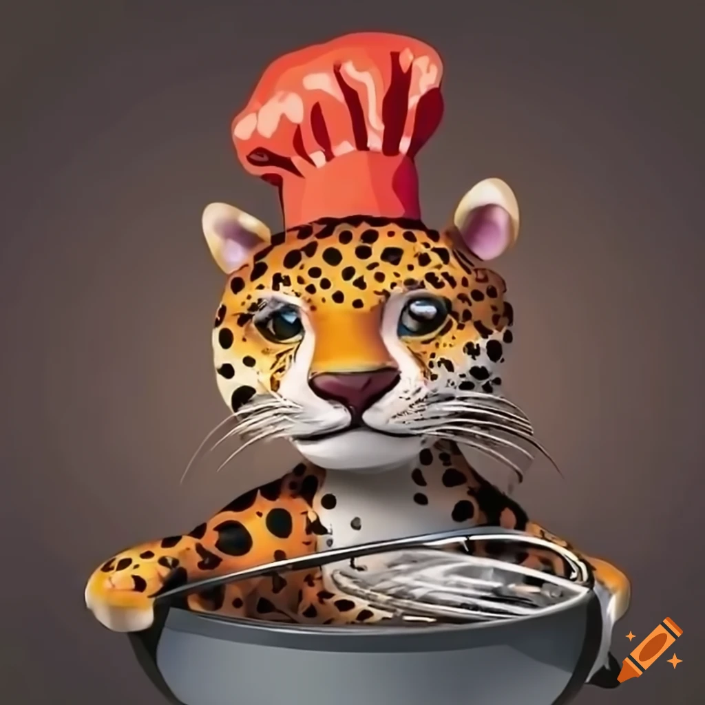 Playful animated jaguar wearing a chef hat at a grill on Craiyon