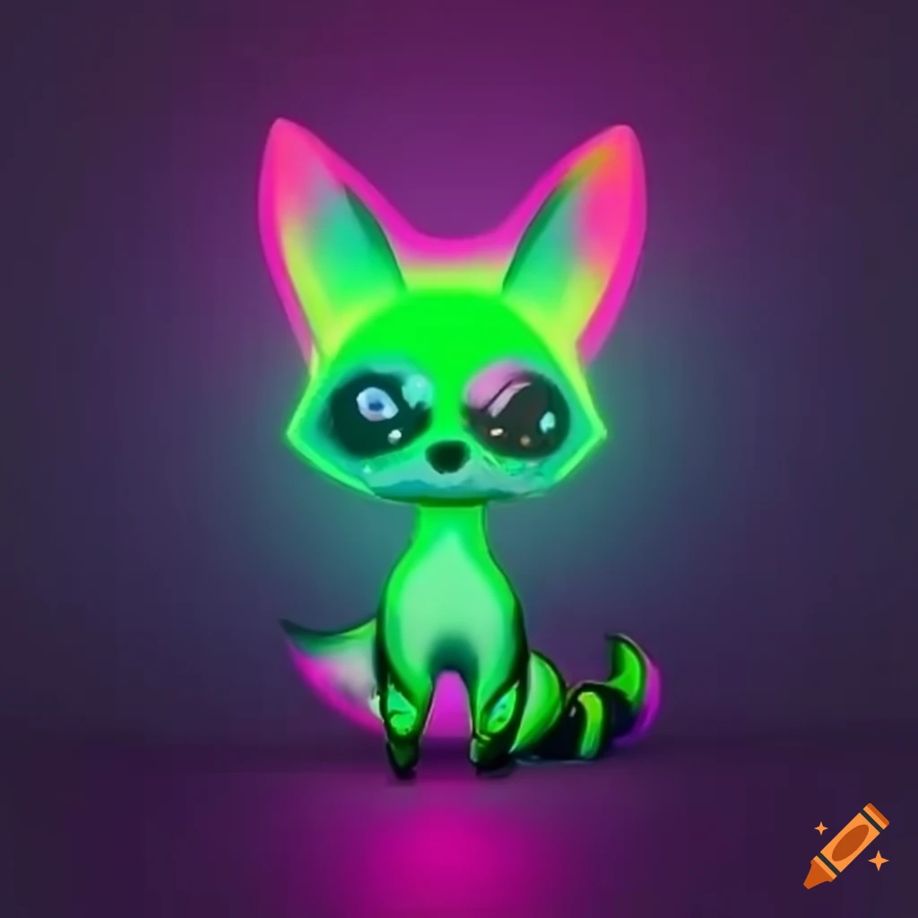 Adorable chibi neon fox in vibrant green and black colors on Craiyon