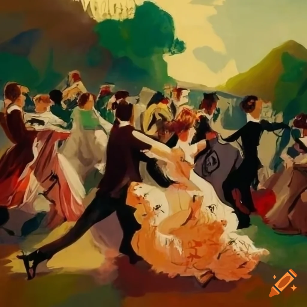Countryside party with 19th-century people dancing Viennese waltz in ...