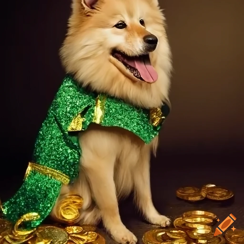 Samoyed dog in leprechaun costume surrounded by rainbows and gold coins ...