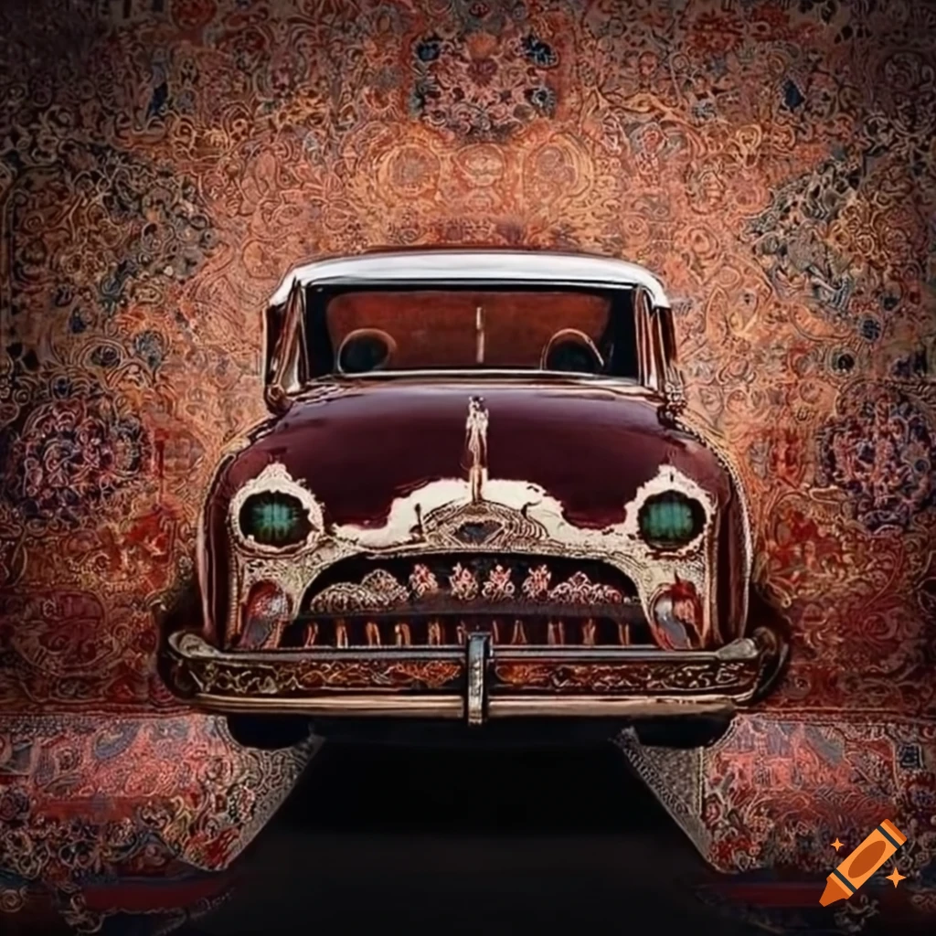 Persian rug on a classic car for a visually striking image on Craiyon