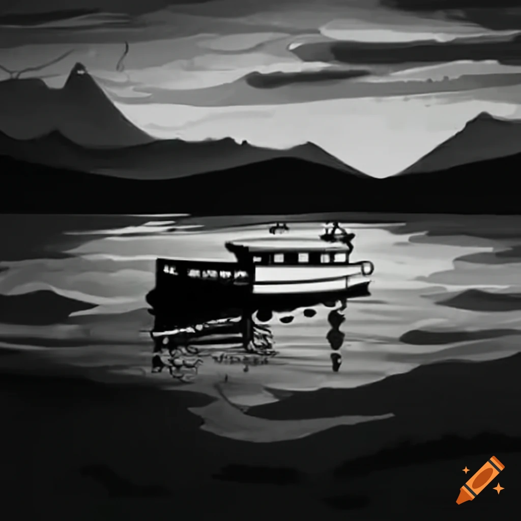 Black and white drawing of a barge on Craiyon