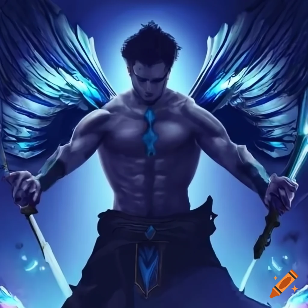 Young man with blue wings and sword in a blue fantasy world on Craiyon