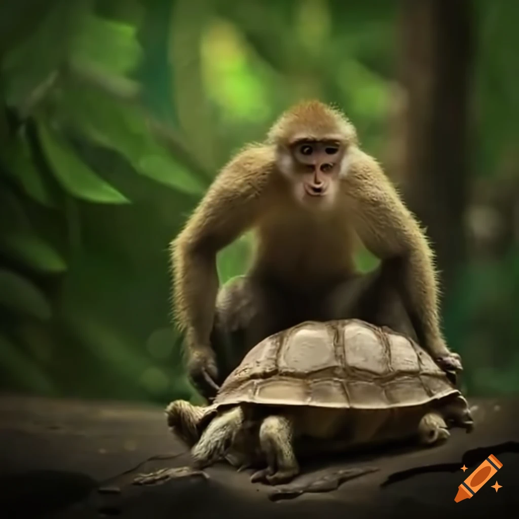 Wild monkey and brave turtle facing off in the jungle on Craiyon
