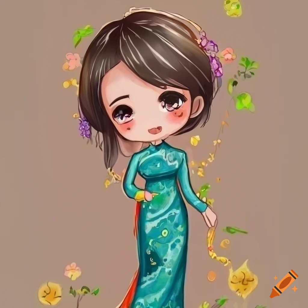 Colorful chibi drawing of a Vietnamese girl in traditional "á d on Craiyon