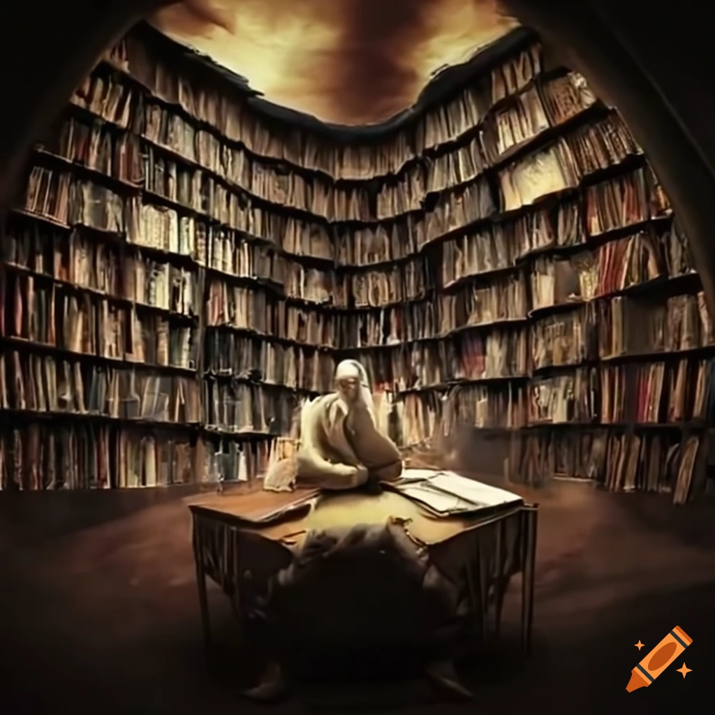 Surreal philosopher in chaotic library surrounded by flying books on ...