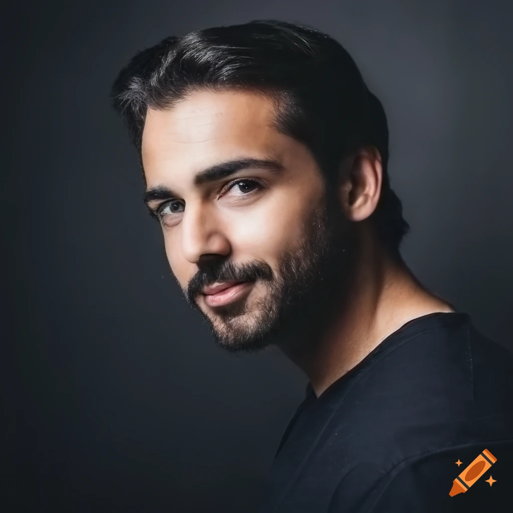 Beautiful man on dark background in a high-quality raw photo on Craiyon