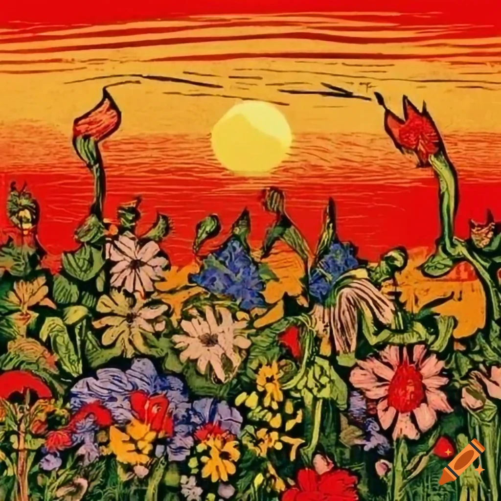 Medieval woodcut of meadow with colorful wildflowers at dawn sunrise on ...