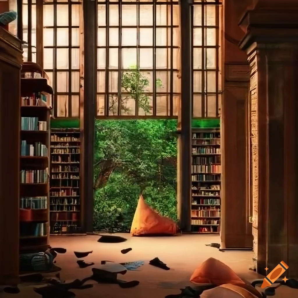 Library with industrial style decor surrounded by greenery on Craiyon