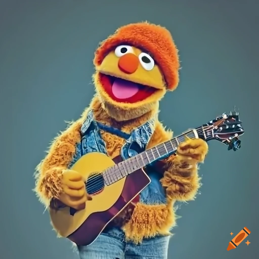 Musician muppet character strumming a vibrant yellow guitar on Craiyon
