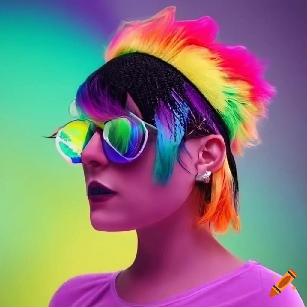 Eclectic rainbow rave outfit with vibrant rainbow hair and T-Rex hat on ...
