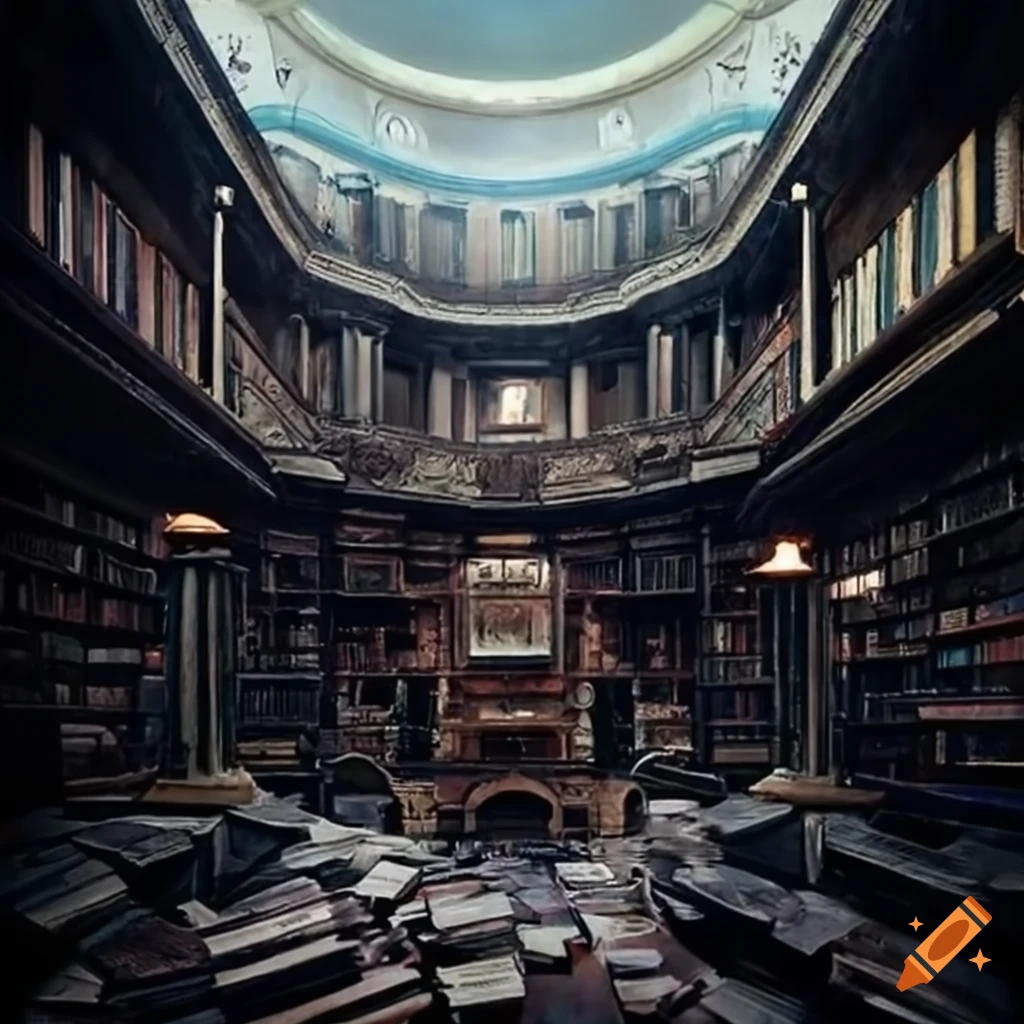 Surreal philosopher surrounded by flying books in chaotic library on ...
