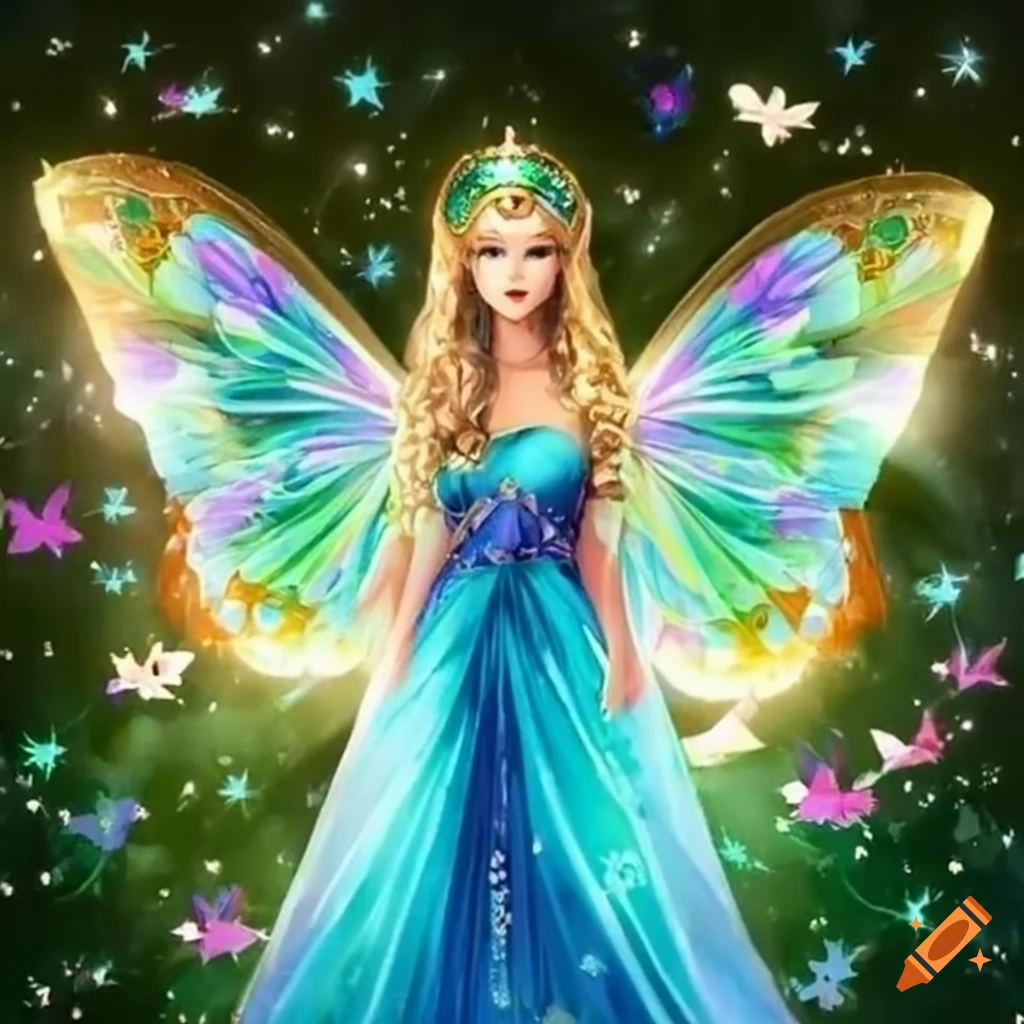Anime illustration of a butterfly queen in a luminous dress with ...