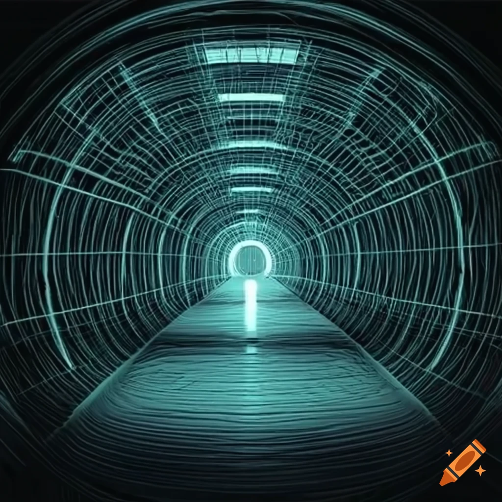 Wireframe 3d tunnel turning left on Craiyon