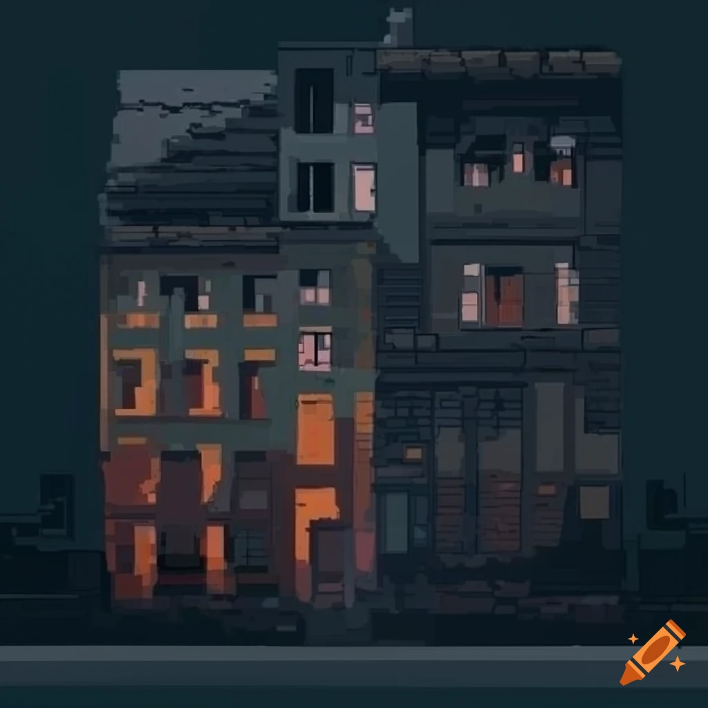 Pixel art facade of destroyed houses in Berlin 1944 aftermath on Craiyon
