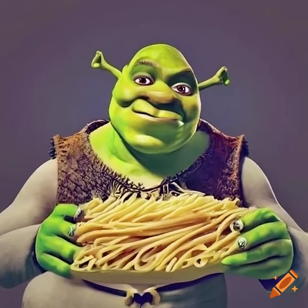 Shrek enjoying a large plate of pasta on Craiyon