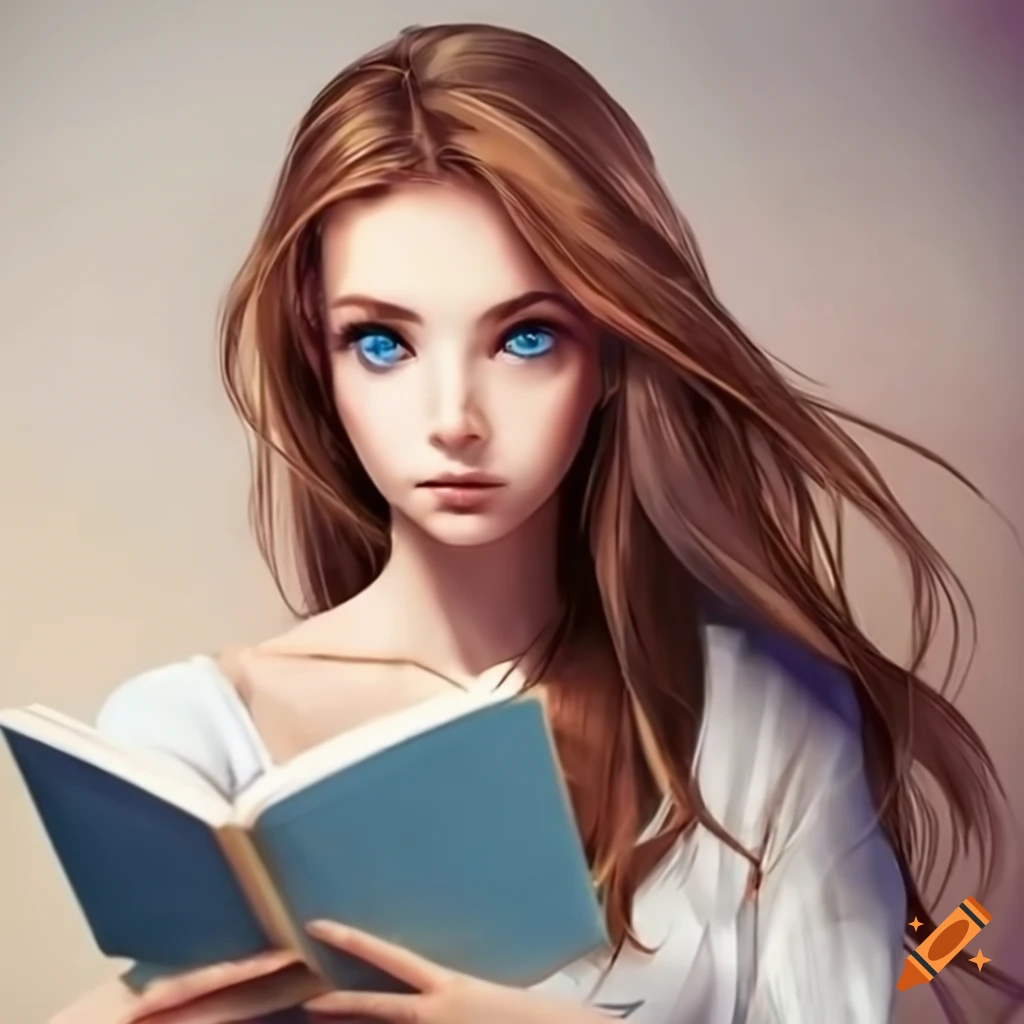 Cute woman with brown hair and blue eyes reading on Craiyon