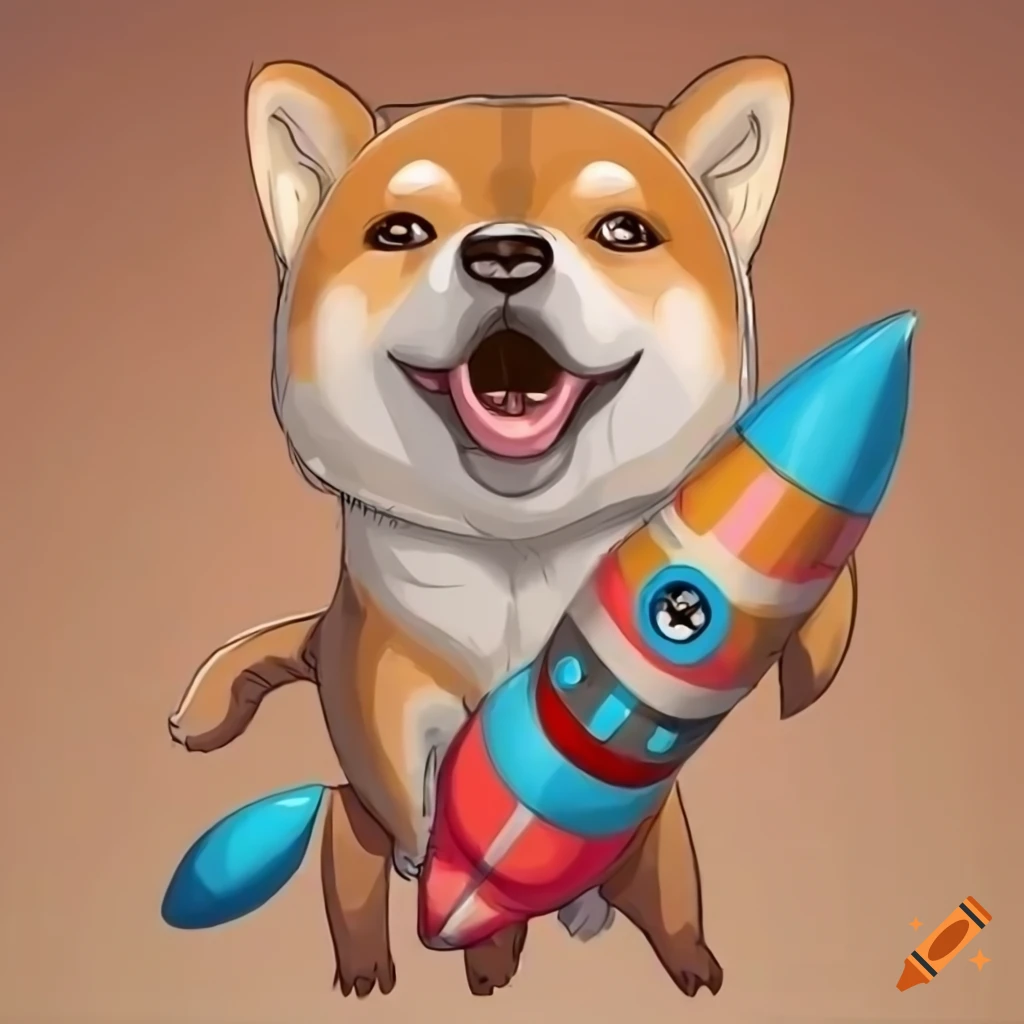 Cartoon shiba inu playing with a toy rocket on Craiyon