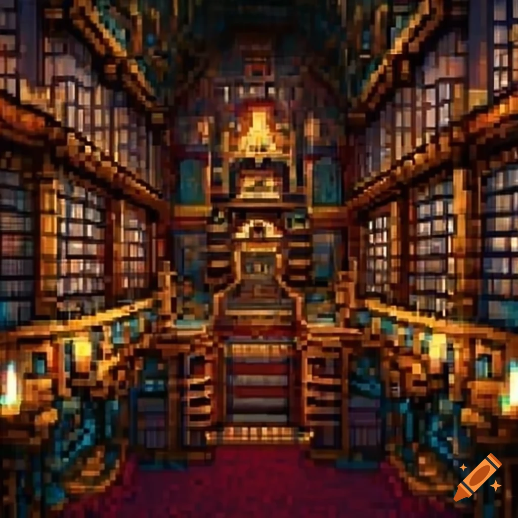 Pixelated fantasy library during magic hour on Craiyon