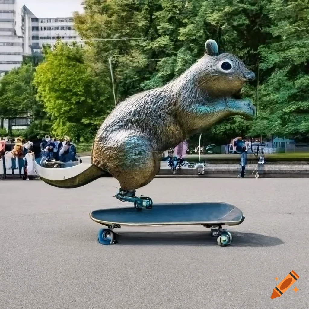 Textured bronze squirrel monument doing a skateboard trick with visitors on Craiyon