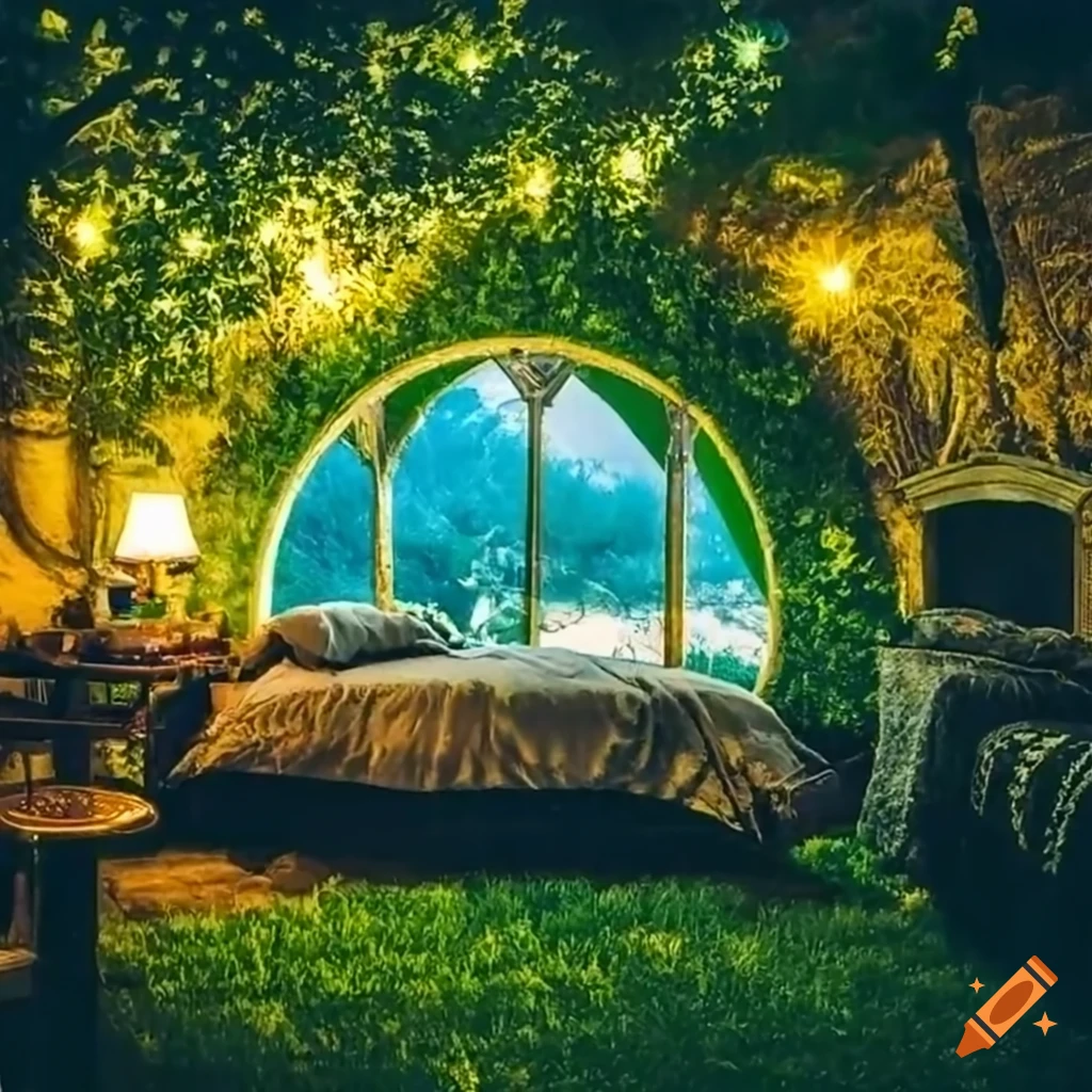 Cozy hobbit bedroom with bright fireflies on Craiyon