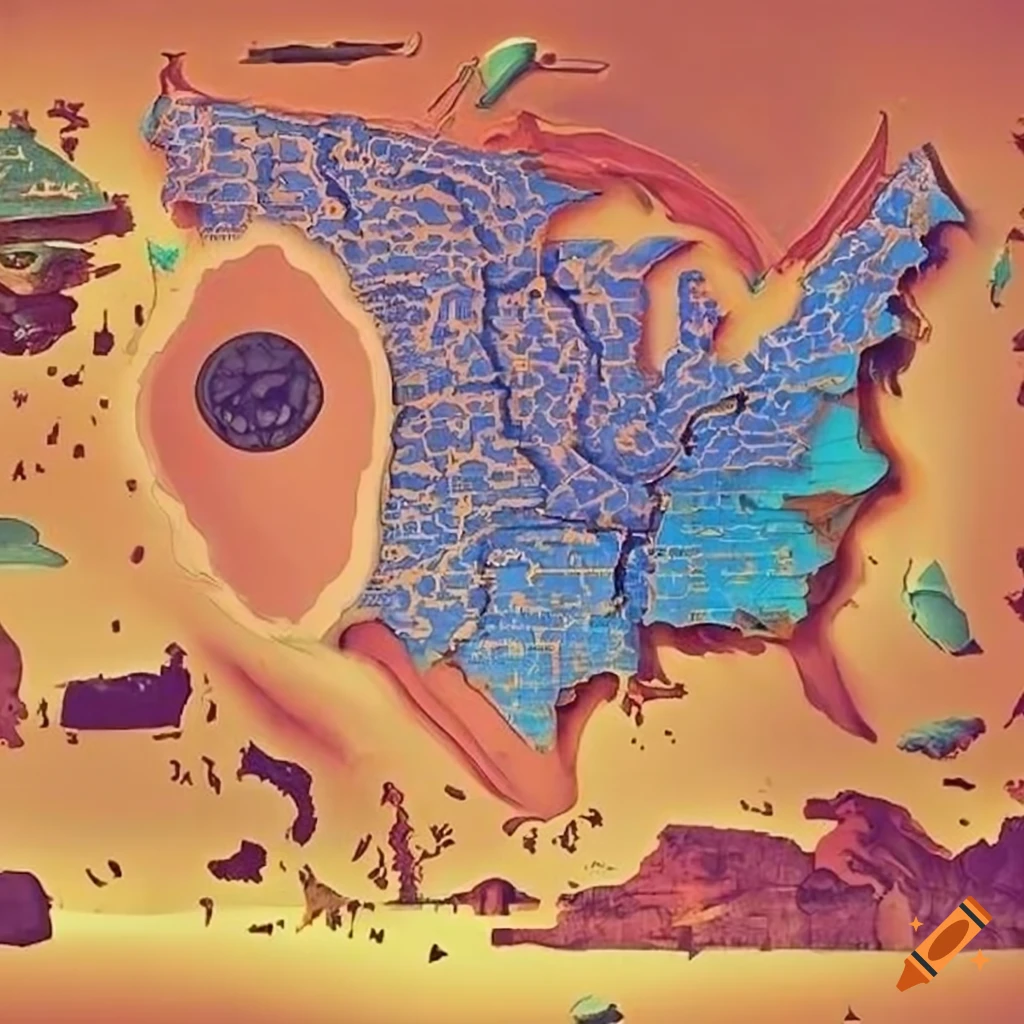 Imagined fantasy map with intricate details resembling the usa on Craiyon
