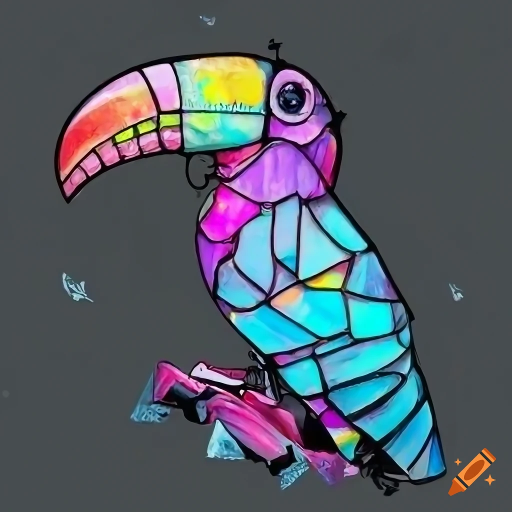 Punk toucan graffiti street art in stained glass style with holographic ...