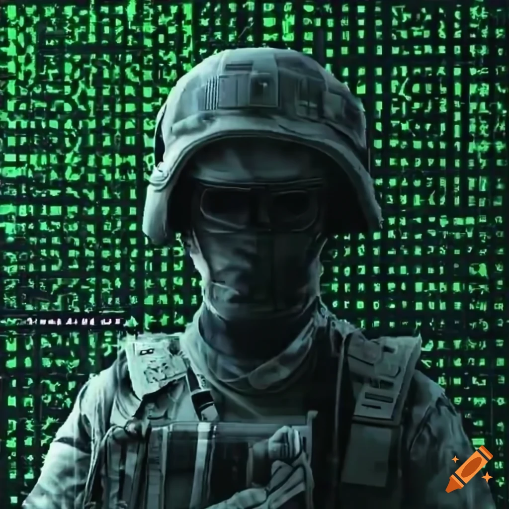 Military soldier surrounded by matrix code on Craiyon