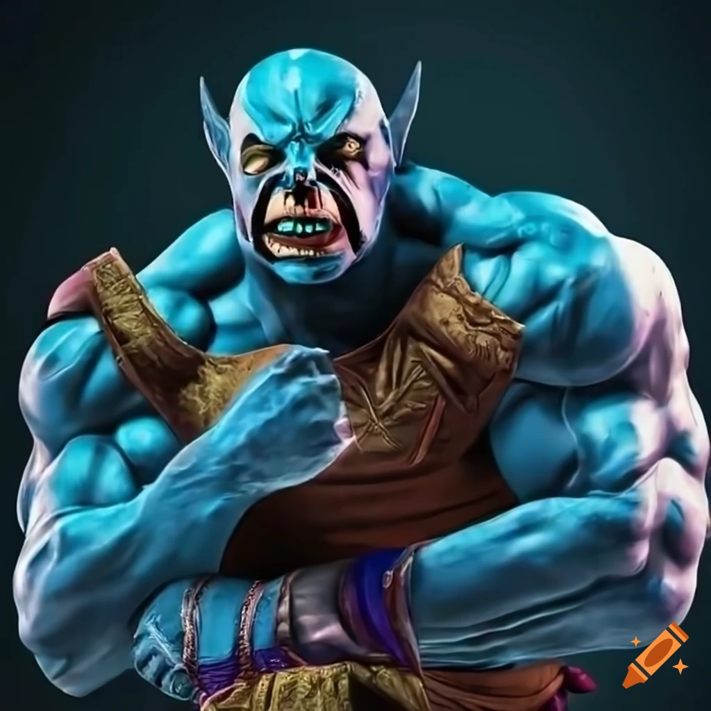 Blue muscular orc with lucha libre mask and pants on Craiyon