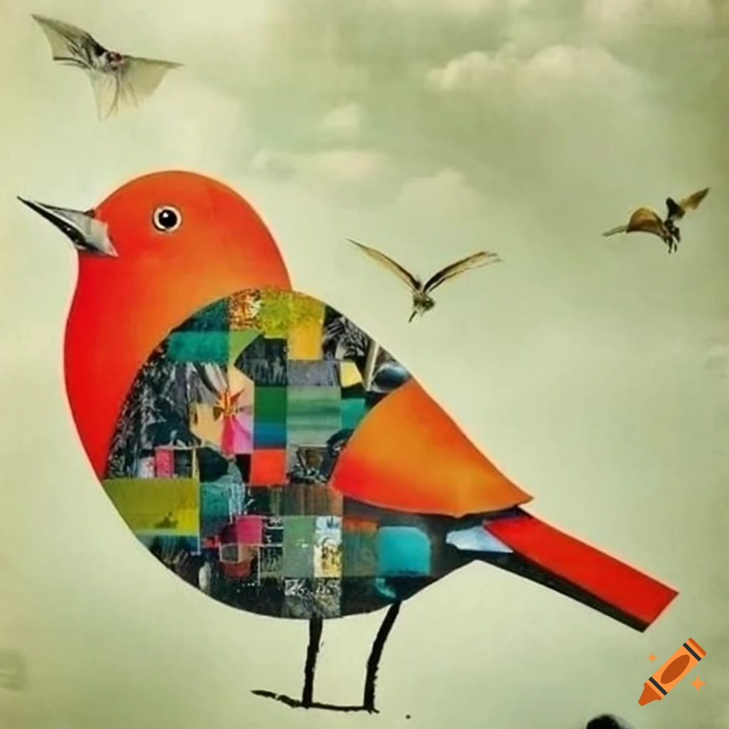 Collage artwork featuring a bird in a surreal composition on Craiyon