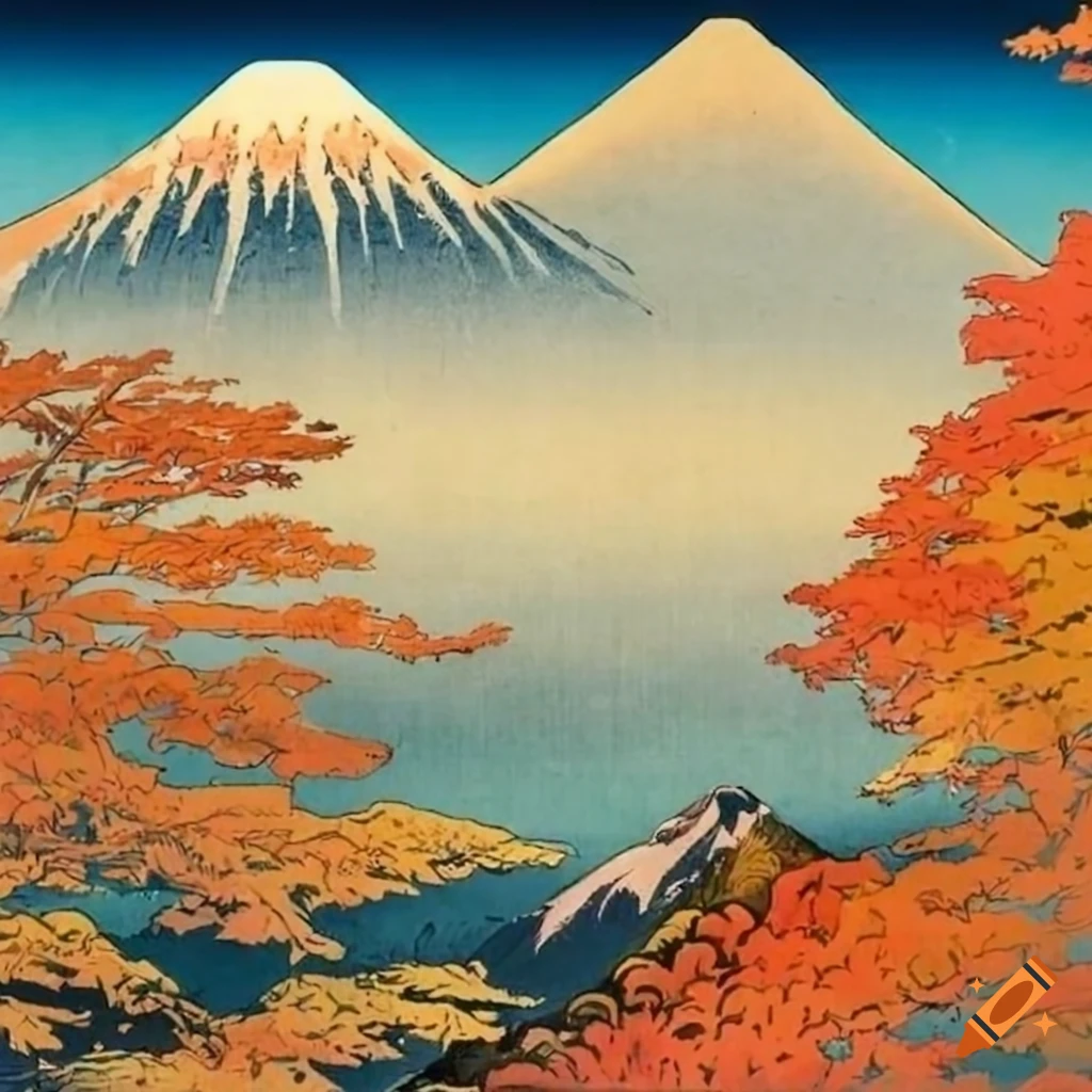 Ukiyo-e painting of mountain peak surrounded by autumn foliage on Craiyon