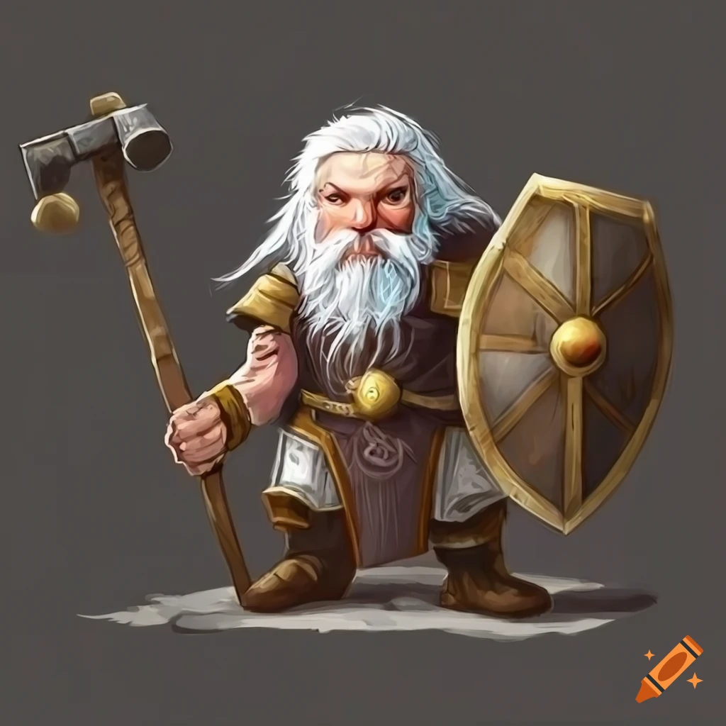 Young dwarf priest with long white hair and beard holding a hammer and shield on Craiyon