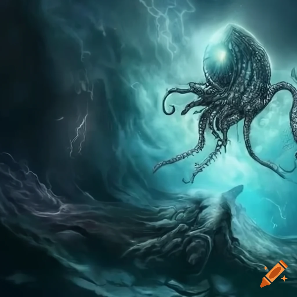 Cosmic struggle between Lovecraftian creature and demonic being in ...