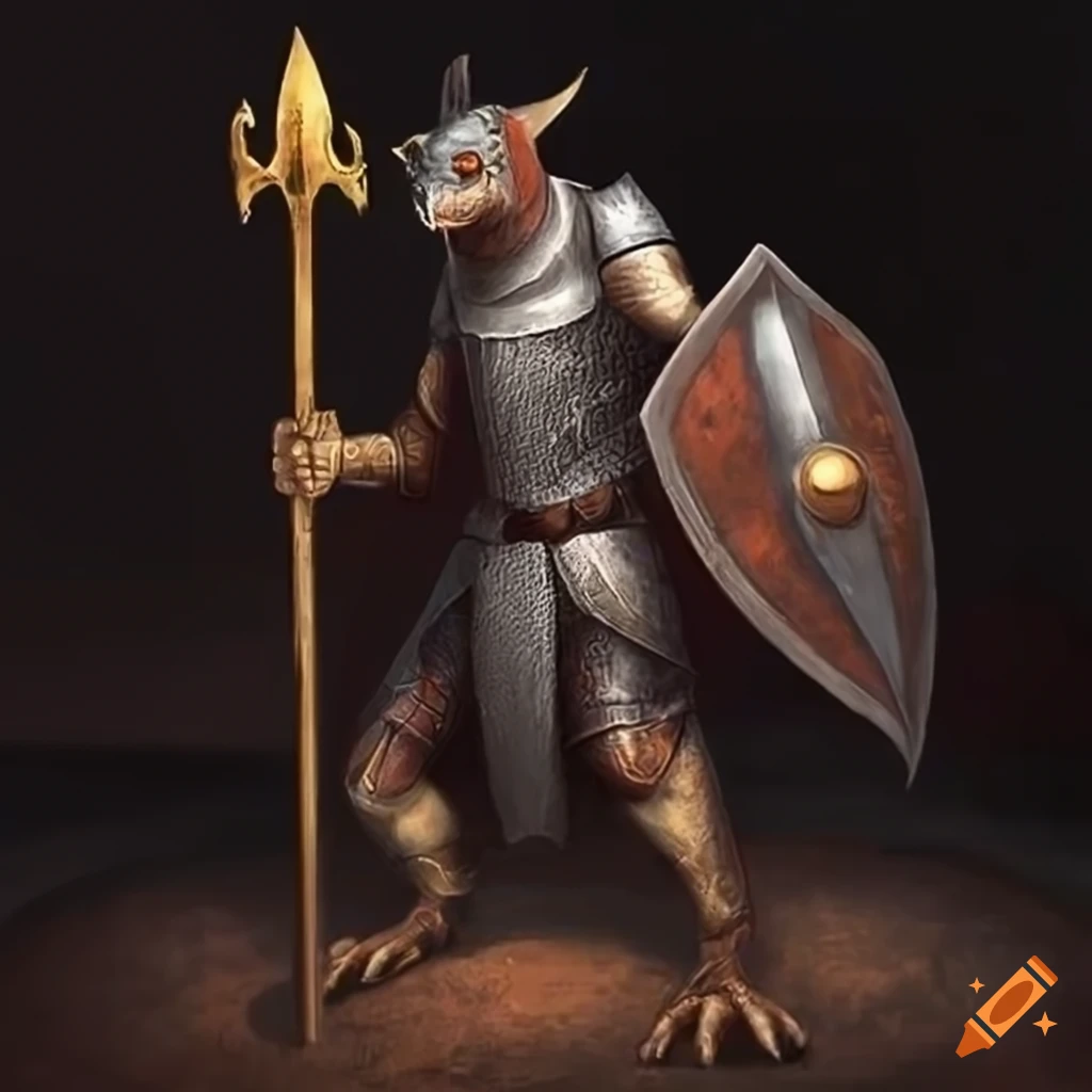 Armored kobold warrior with trident and shield in a medieval fantasy ...