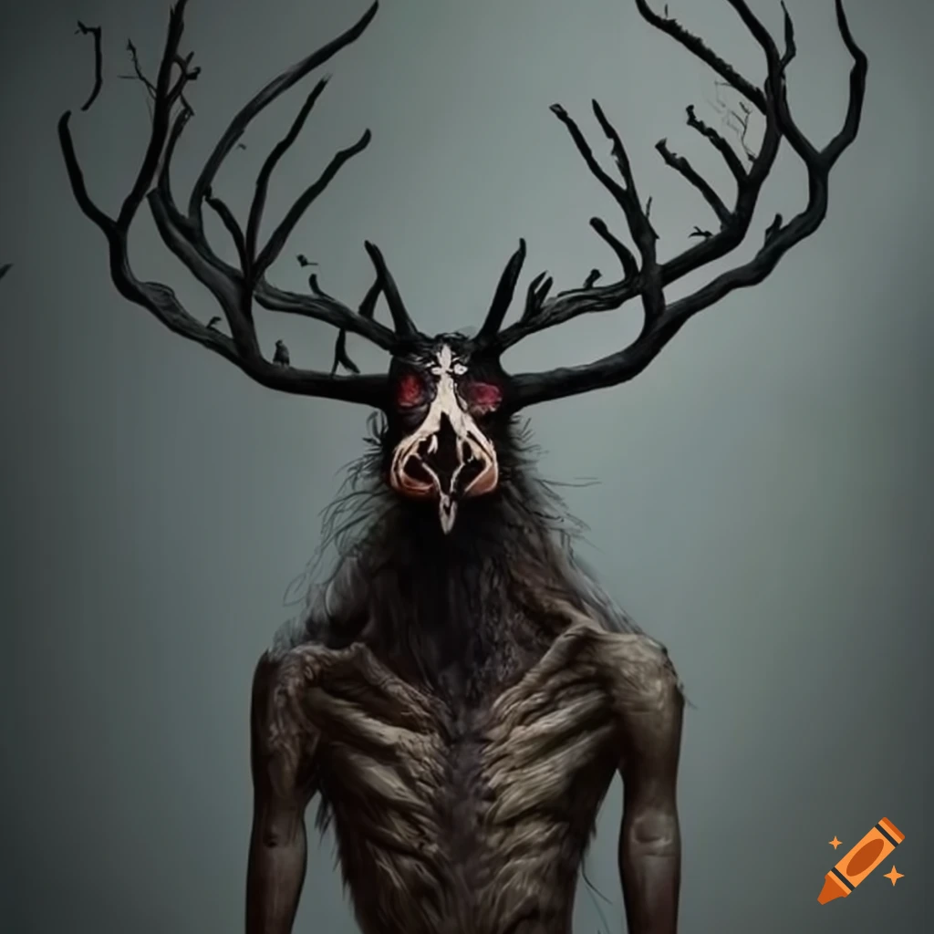 8-foot-tall black wendigo with long antlers in upright stance on Craiyon