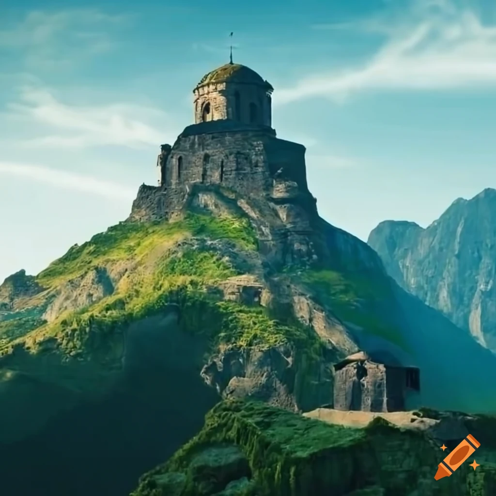 Ancient stone monastery perched on a mountain peak overlooking a ...