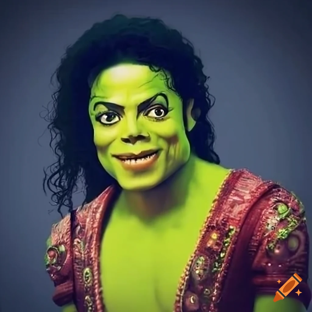 Michael Jackson having fun with Shrek in a playful scene on Craiyon