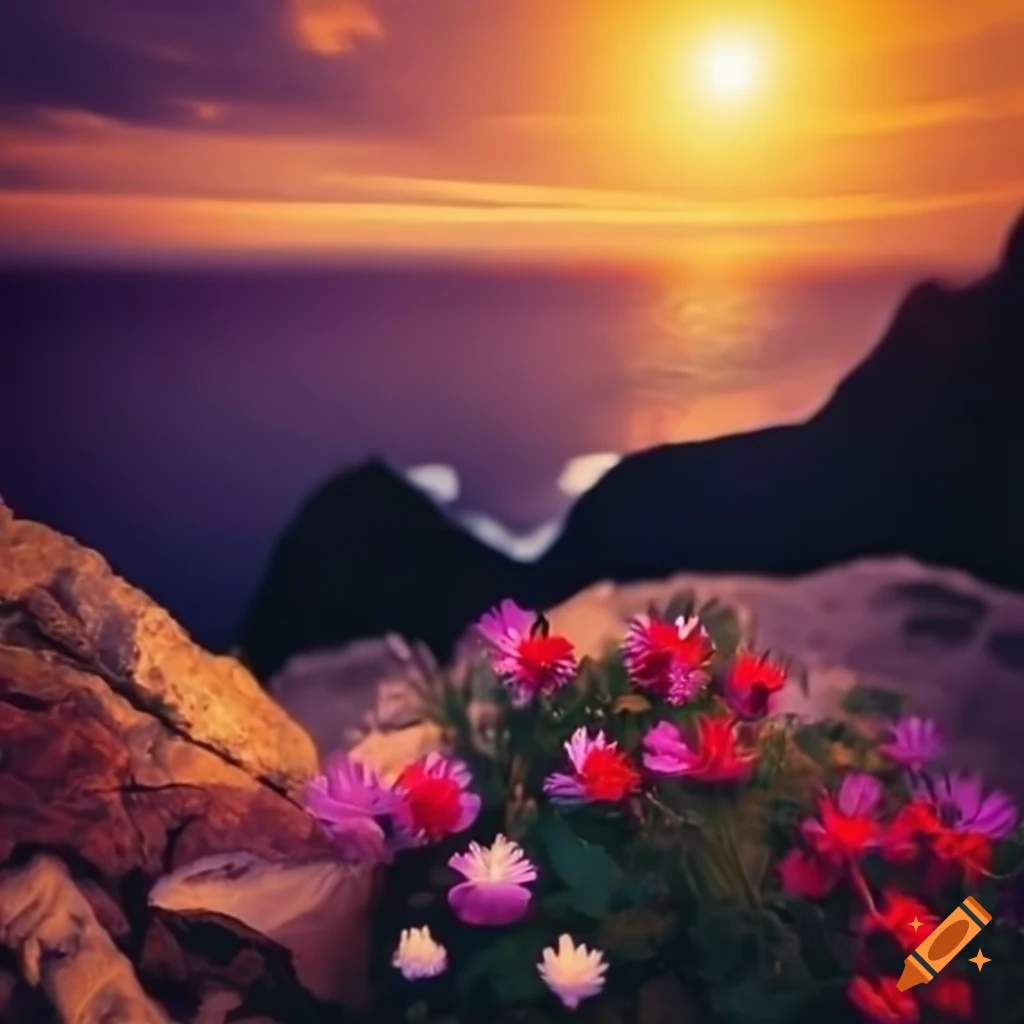 Flowers on a cliff with a sunset in the background on Craiyon