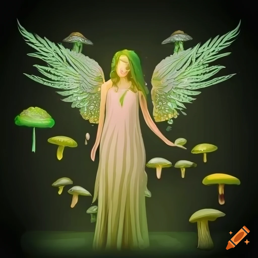 Illustration of cannabis plant with angel wings and colorful mushrooms ...