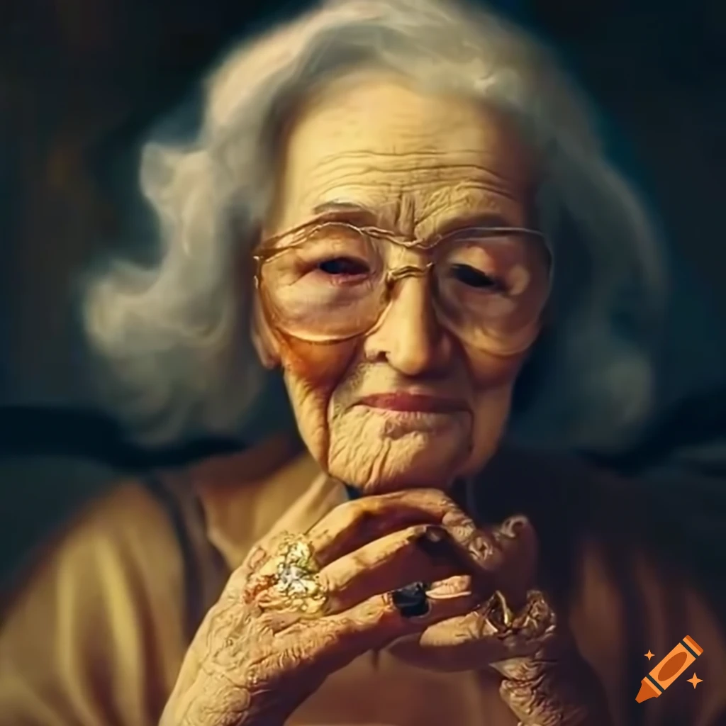 Elegant elderly lady with gold and diamond rings, exuding warmth and ...