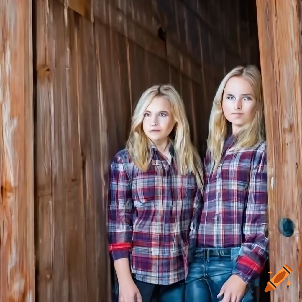 Blonde Twins In Country Plaid Shirts And Black Leather Trousers Peeping