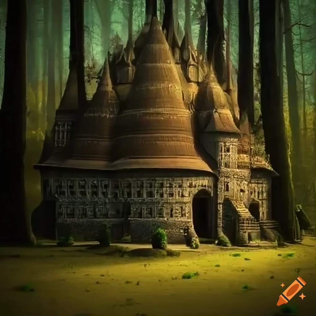 Imaginative ancient building symbiotically integrated in a bright ...