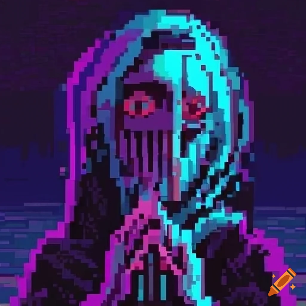 80s style pixel art depicting a ghost horror scene on stranded holy ...