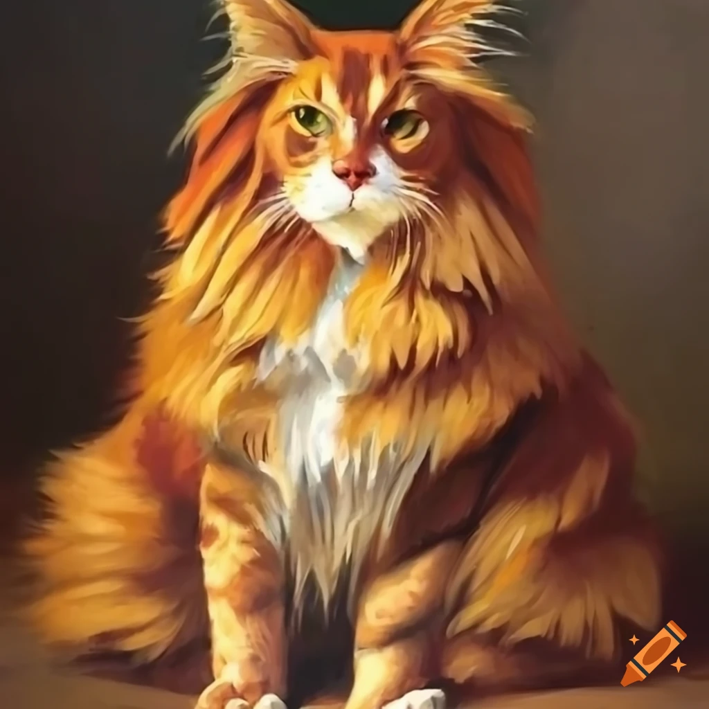 Ginger main coon sitting in an oil painting on Craiyon