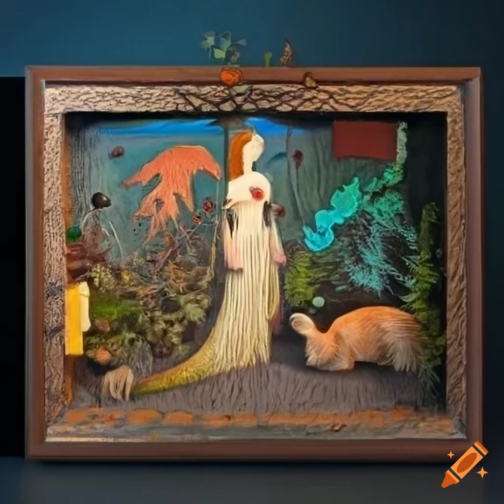 Joseph Cornell and Benjamin Lacombe diorama of Eden with Salish motifs, colorful birds, and ...