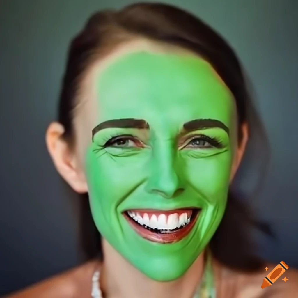 Jacinda Ardern cosplaying The Mask with a comical smile and green face ...