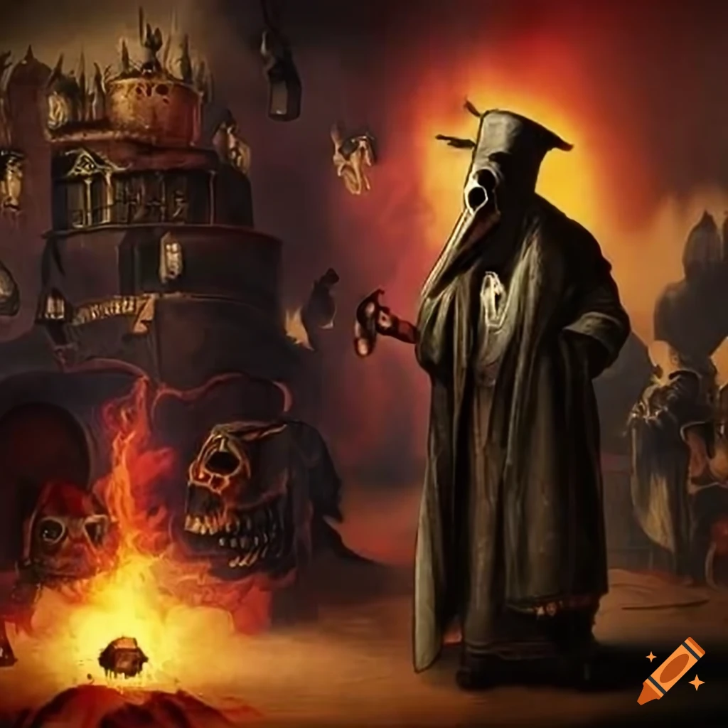 Physician in historical clothing with a plague burner amidst burning ...